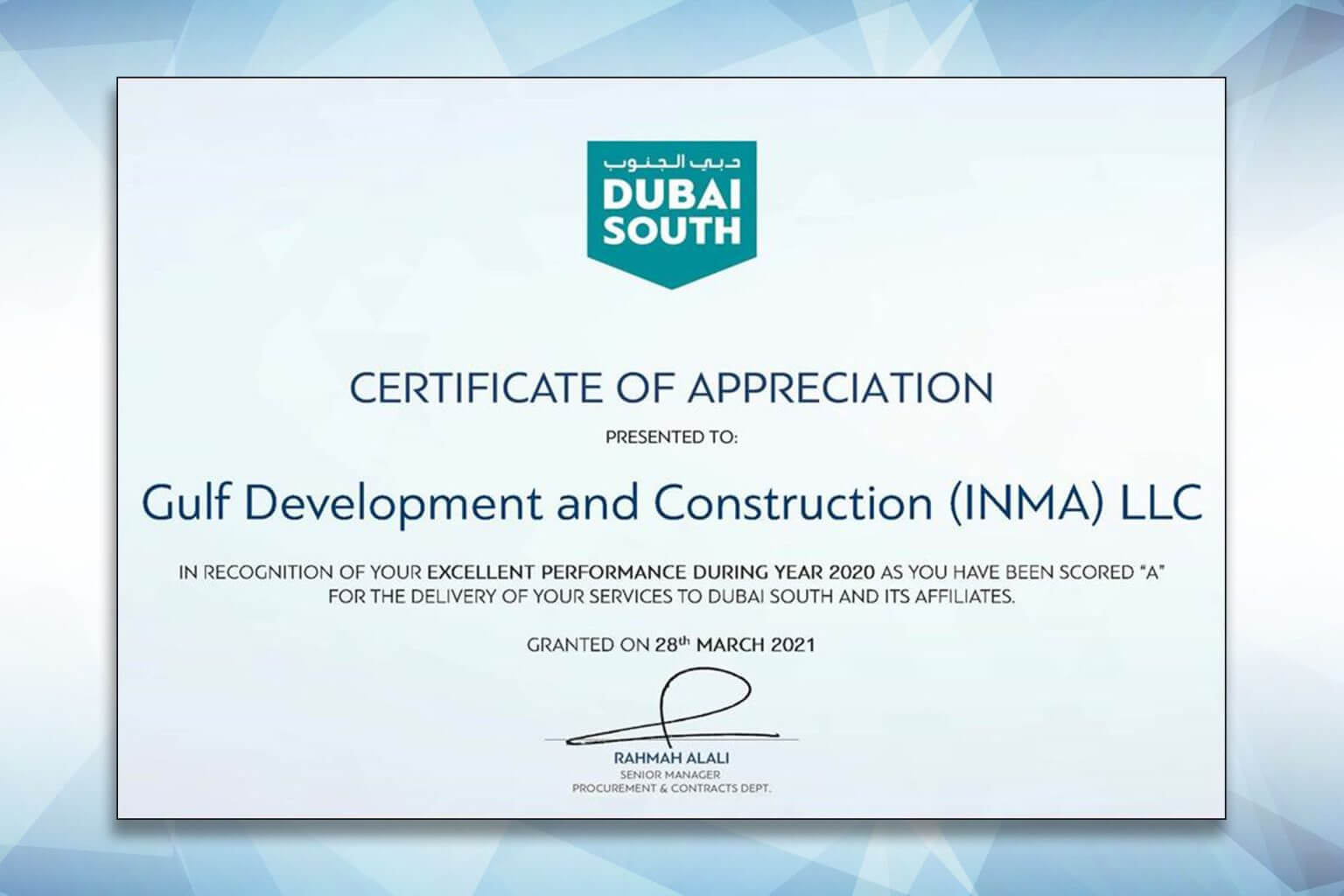 Dubai South Recognizes Gulf Development & Construction (INMA) for ...